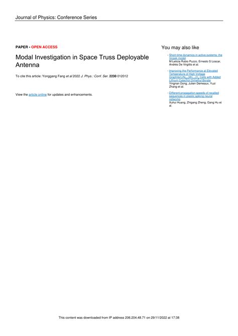 Pdf Modal Investigation In Space Truss Deployable Antenna