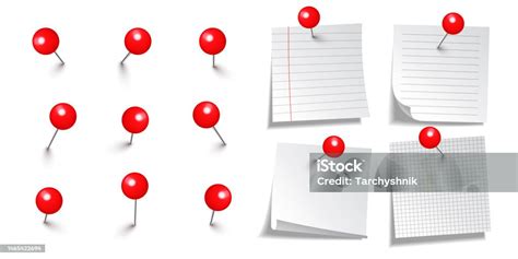 흰색 배경에 격리된 현실적인 빈 스티커 메모 빨간색 둥근 푸시 핀이 있는 흰색 메모지 종이 알림 및 바늘이 있는 플라스틱 압정 보드 압정 벡터 그림 0명에 대한 스톡 벡터