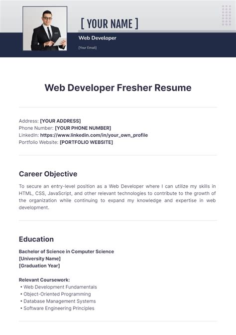 Free Web Developer Fresher Resume Template To Edit Online