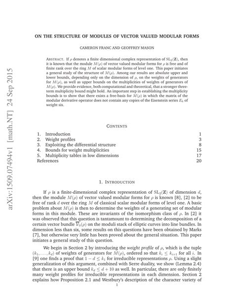 Pdf On The Structure Of Modules Of Vector Valued Modular Forms