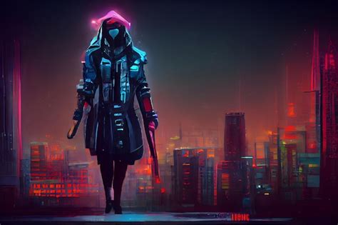 Cyberpunk Assasin Figure In Night Cyberpunk Style Neon Illuminated City