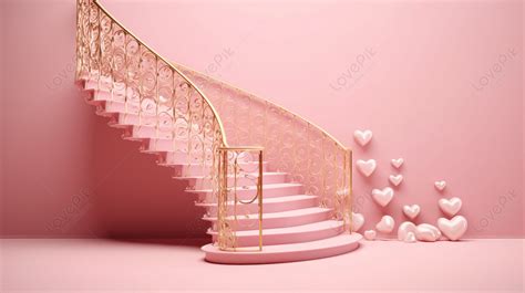 골드 하트가 있는 3d 렌더링 핑크 계단 분홍색 배경 3d 렌더링 배경 사랑 그림 배경 이미지 Hd 분홍색 3d 렌더링 사랑 그림 배경 사진 무료 다운로드