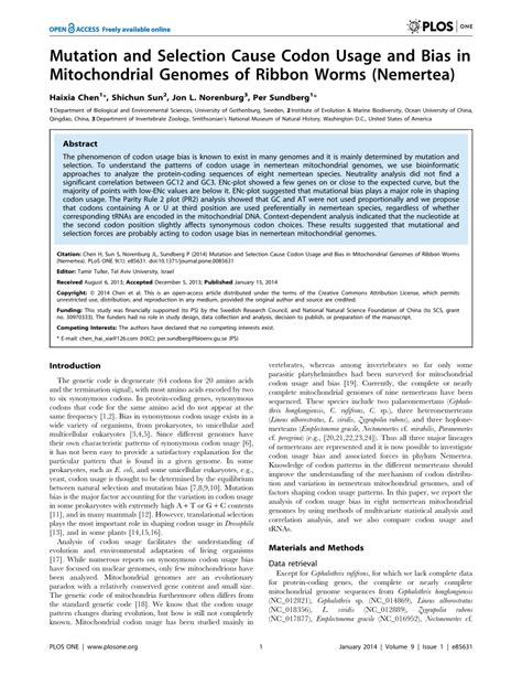 Pdf Mutation And Selection Cause Codon Usage And Bias In Mitochondrial Genomes Of Ribbon Worms