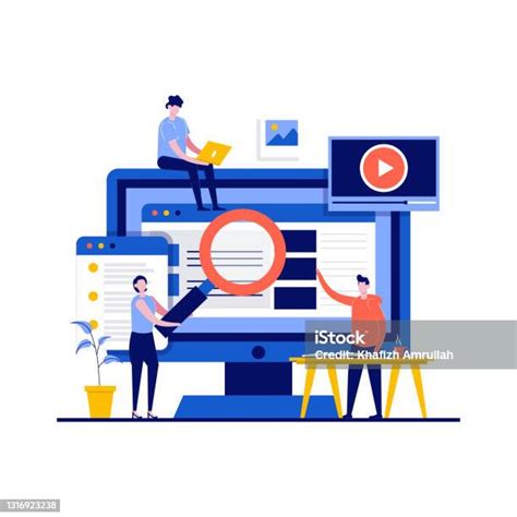 캐릭터와 검색 엔진 최적화 개념 사람들은 Seo 및 웹 분석 요소를 만듭니다 키워드 연구 및 시장 조사 방문 페이지 모바일 앱