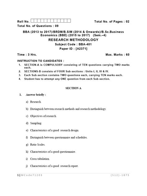 Bba 4 Sem Research Methodology A2371 Dec 2018 Pdf Methodology Scientific Method