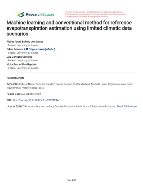 Pdf Machine Learning And Conventional Method For Reference Evapotranspiration Estimation Using