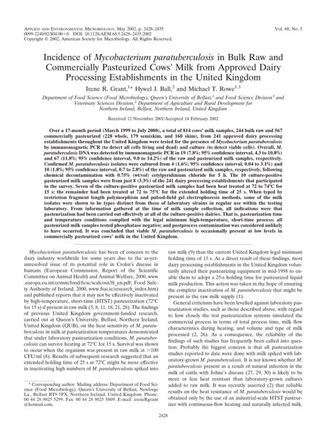 Pdf Incidence Of Mycobacterium Paratuberculosis In Bulk Raw And Commercially Pasteurized Cows