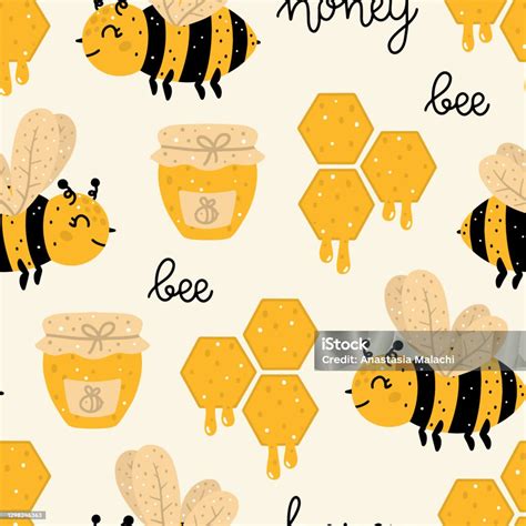꿀벌 꿀 항아리 벌집과 꿀벌 매끄러운 패턴 유치한 손 그린 스칸디나비아 스타일 벡터 일러스트 0명에 대한 스톡 벡터 아트 및 기타 이미지 Istock