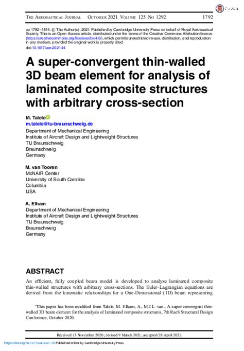 Pdf A Super Convergent Thin Walled 3d Beam Element For Analysis Of Laminated Composite