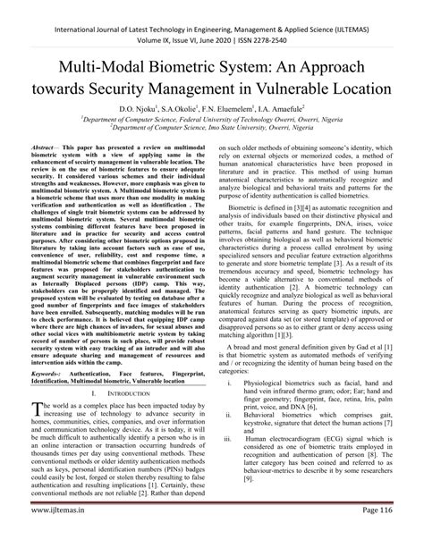 Pdf Multi Modal Biometric System An Approach Towards Security Management In Vulnerable Location