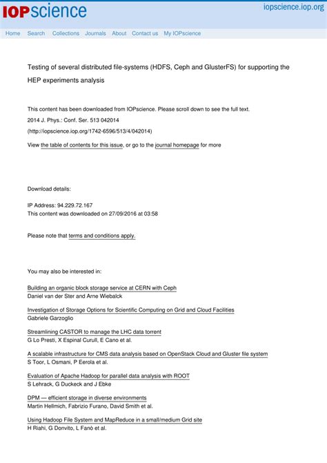 Pdf Testing Of Several Distributed File Systems Hdfs Ceph And Glusterfs For Supporting The