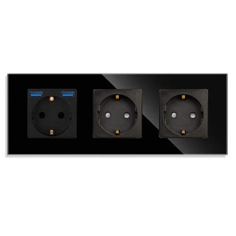Розетка 3 поста с 2 Usb портами 16А 110 250В с заземлением и защитных шторок чёрный купить