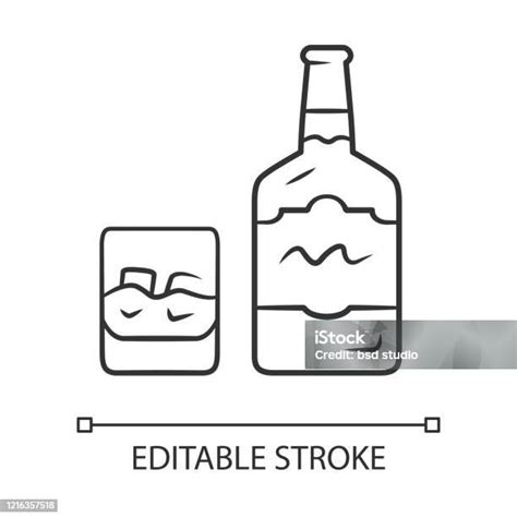 위스키 선형 아이콘입니다 병과 구식 유리 음료 스카치 럼 샷 알코올 음료 브랜디 가는 선 그림입니다 등고선 기호입니다 벡터 절연 윤곽선 도면 편집 가능한 스트로크 0명에