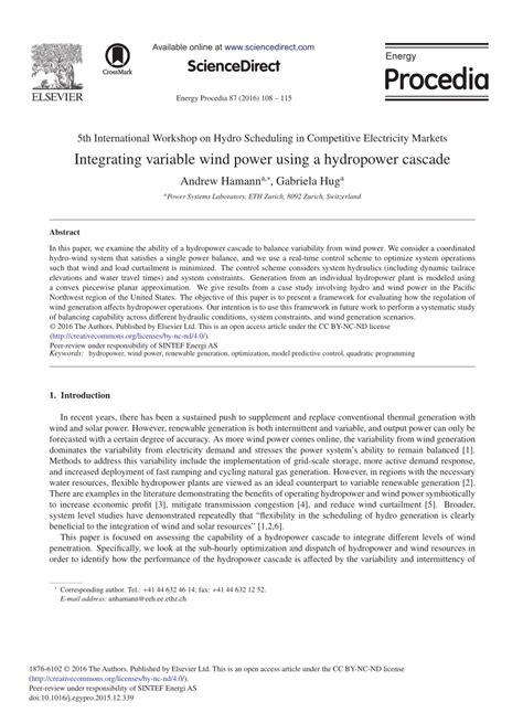 Pdf Integrating Variable Wind Power Using A Hydropower Cascade