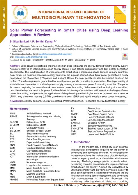 Pdf Solar Power Forecasting In Smart Cities Using Deep Learning Approaches A Review