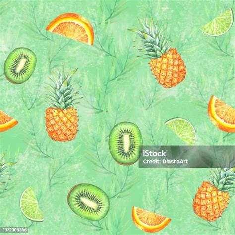 수채화 파인애플 키위 라임 오렌지 슬라이스가 있는 매끄러운 패턴 감귤류 과일에 대한 스톡 벡터 아트 및 기타 이미지 감귤류 과일 과일 그리기 Istock