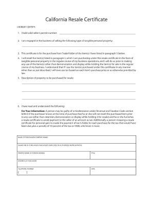 California Resale Certificate Blank Fillable Template Fill Out