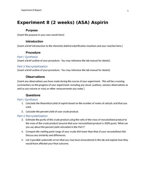 Template Aspirin Lab Experiment Report Experiment Weeks ASA Aspirin Purpose Insert