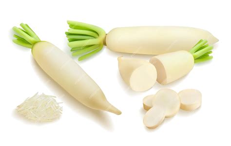Premium Vector Daikon Radish Realistic 3d Big Vector Set Sliced