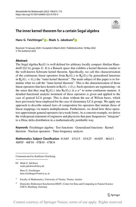 Pdf The Inner Kernel Theorem For A Certain Segal Algebra