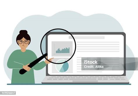 한 여성이 돋보기 벡터 일러스트레이션이 있는 노트북에서 보고서 프레젠테이션을 보여줍니다 재무 비즈니스 분석 감사 계획 개념