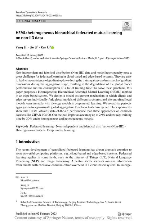 Hfml Heterogeneous Hierarchical Federated Mutual Learning On Non Iid Data