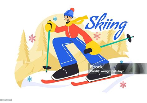 스키 벡터 일러스트 레이 션은 스키 리조트에서 눈 덮인 산을 미끄러 져 내려가는 스키어를 특징으로 겨울 스포츠 활동 플랫 스타일
