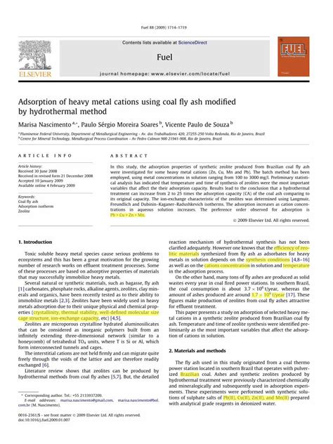 Pdf Adsorption Of Heavy Metal Cations Using Coal Fly Ash Modified By Hydrothermal Method