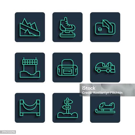 세트 라인 스케이트 공원 도로 교통 표지판 썰매 아이스 하키 골 스포츠 가방 결승 라인의 리본 산 하강 및 재 표면 아이콘 벡터 거리에 대한 스톡 벡터 아트 및 기타 이미지