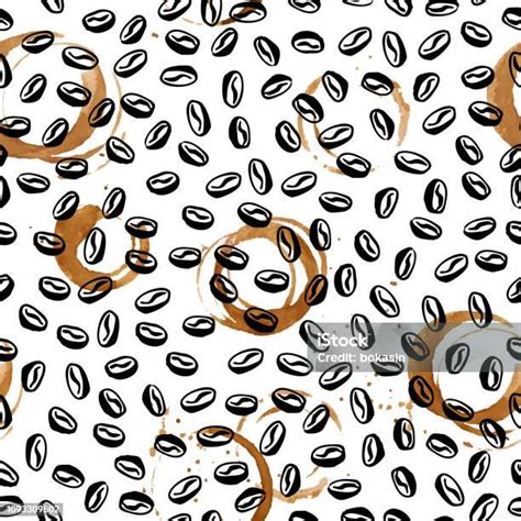 손으로 그린 커피 완벽 한 패턴 검정 잉크 커피 원두와 찻잔 배경을 인쇄 합니다 갈색에 대한 스톡 벡터 아트 및 기타 이미지