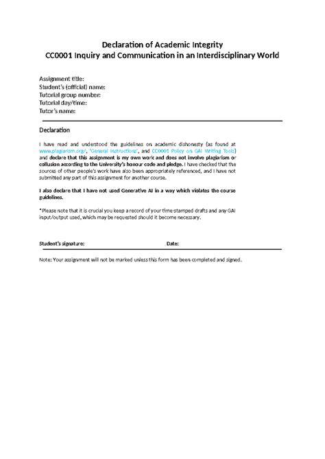 0 Assignment 1 Template With Declaration Of Academic Integrity Declaration Of Academic