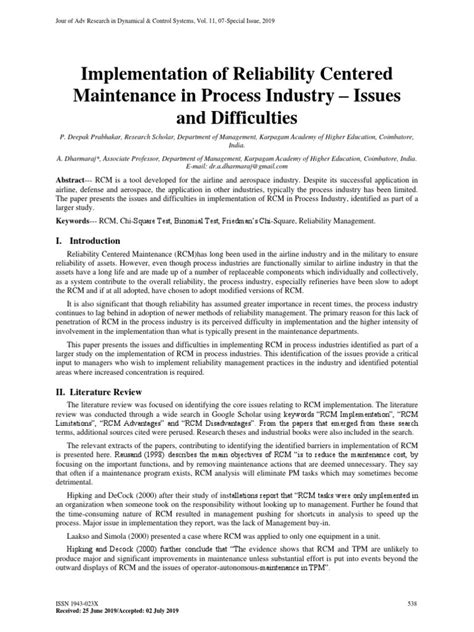 Rcm Implementation Issues In Process Industry Pdf Statistical Significance Statistical