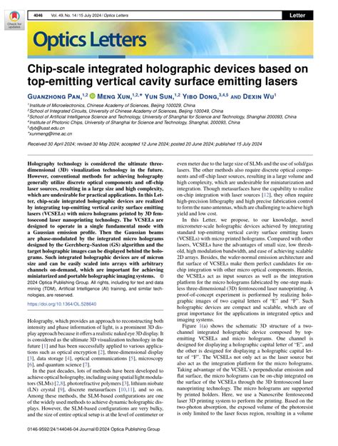 Chip Scale Integrated Holographic Devices Based On Top Emitting Vertical Cavity Surface Emitting