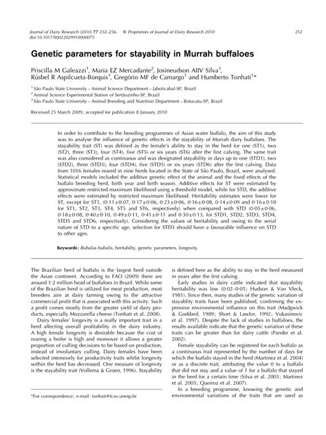 Pdf Genetic Parameters For Stayability In Murrah Buffaloes