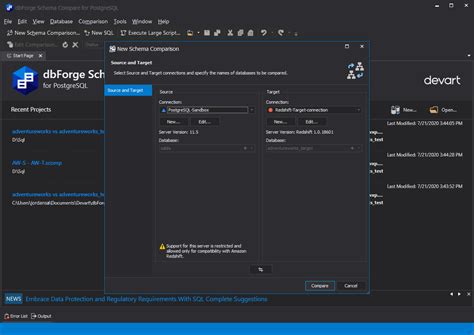 dbforge schema compare for redshift postgresql dbms tools