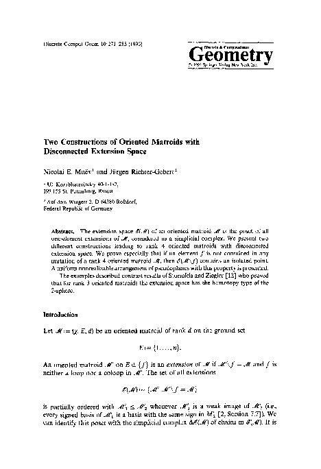 Pdf Two Constructions Of Oriented Matroids With Disconnected Extension Space