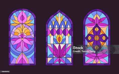 아치 스테인드 글라스 창문입니다 교회 모자이크 창문 대성당 스테인드 글라스 장식용 유리창 평면 벡터 일러스트레이션 세트 배경 주제에 대한 스톡 벡터 아트 및 기타 이미지