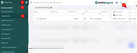 how to access session text log report pam core segura community
