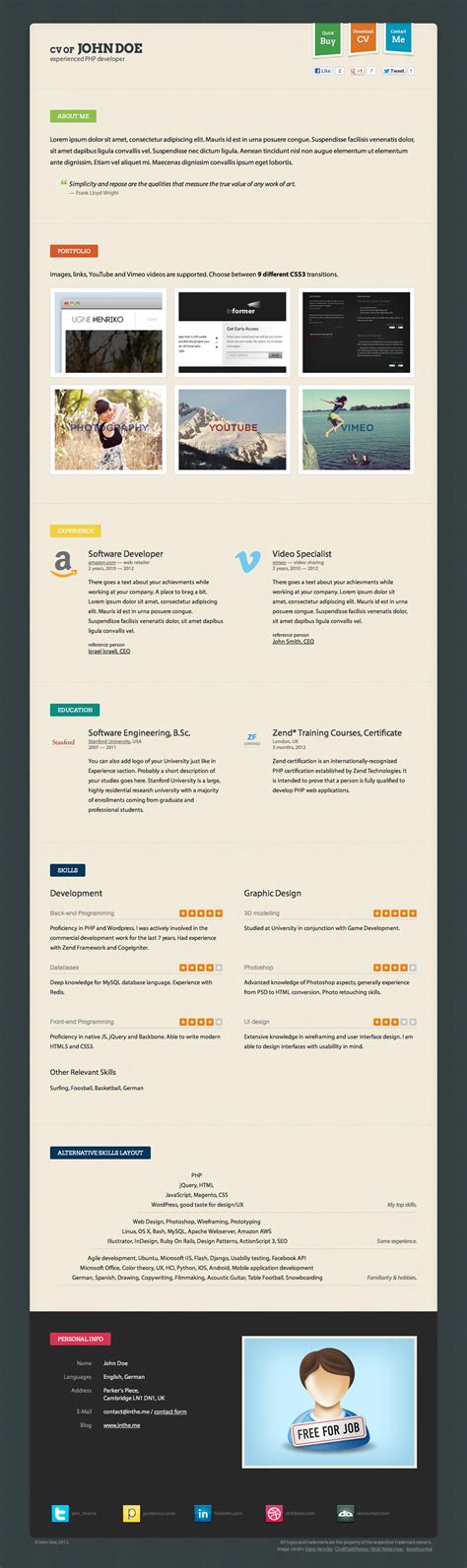 Responsive CV Resume HTML5 Template 3 Skins By Intheme ThemeForest