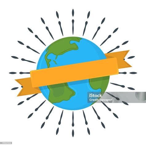 리본 레이블 배지 및 배너가 있는 지구입니다 웹 인쇄 티셔츠에 대한 개념 Sunburst 지구 로고 아이콘 및 포스터에 대 한 배경 선물 카드 만화 벡터 일러스트 4월에