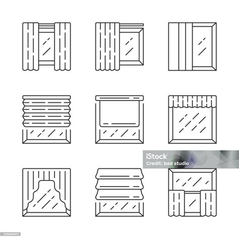 창 셔터 선형 아이콘 설정 올러 로마 색조 패널 스웨그 밸런스 전동 Jalousie 홈 인테리어 숍 가는 선 윤곽심 격리된 벡터