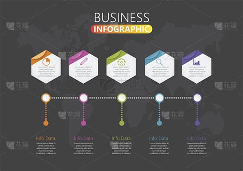 业务数据可视化。过程图。具有5个步骤、选项、部件或过程的图形、图表的抽象元素。用于表示的矢量业务模板