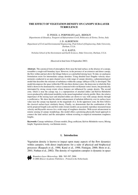 Pdf The Effect Of Vegetation Density On Canopy Sublayer Turbulence