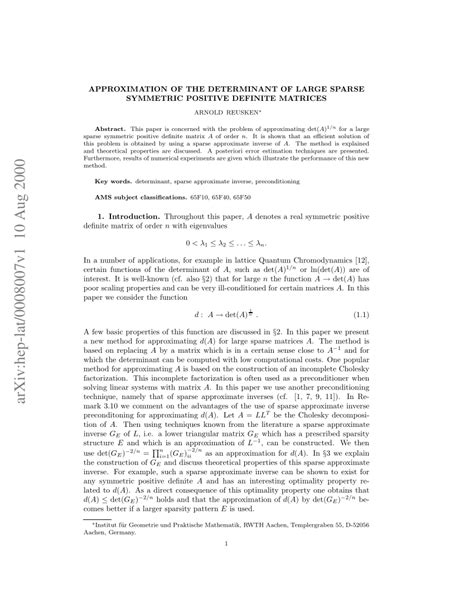 Pdf Approximation Of The Determinant Of Large Sparse Symmetric Positive Definite Matrices
