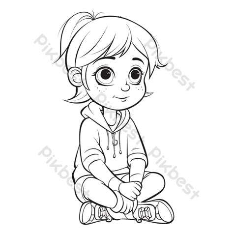 Outline Sketch Cartoon Girl Sitting Down Coloring Book Drawing Vector Png Images Png Free