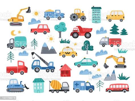 귀여운 자동차 건설 차량 및 도시 운송 손으로 그린 간단한 트랙터 최소한의 굴삭기 및 재미있는 리프팅 크레인 만화 벡터 일러스트