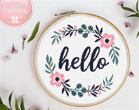 Hello Cross Stitch Pattern Pdf Funny Text Cross Stitching Floral Wreath Counted Cross Stitch