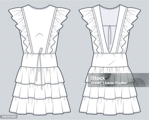 여성 미니 드레스 기술 패션 일러스트레이션입니다 계층화 된 드레스 패션 플랫 기술 도면 템플릿 주름 장식 컷 아웃 미니 길이