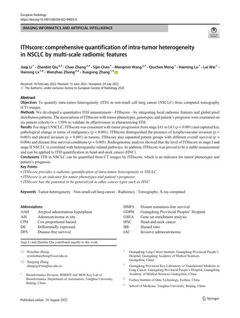 Pdf Ithscore Comprehensive Quantification Of Intra Tumor Heterogeneity In Nsclc By Multi