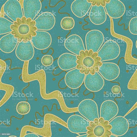 꽃과 추상 요소와 원활한 벡터 패턴 질감 풀 컬러 텍스처로 터키석과 골드의 색조와 질감 배경 직물을 위한 포장 또는 포장 용지 0명에 대한 스톡 벡터 아트 및 기타 이미지